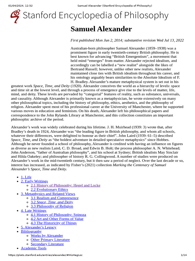 Samuel Alexander's Philosophy Overview | PDF | Space | Existence