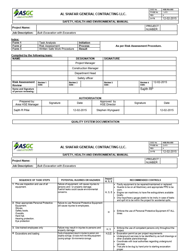 HSE-RA-003 Bulk Excavation With Excavator - Rev 4 | PDF | Personal ...