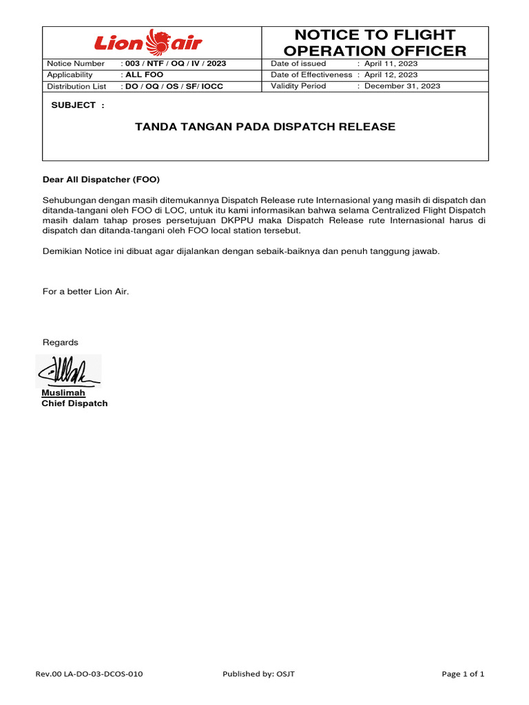 NTF 003 - Tanda Tangan Pada Dispatch Release | PDF