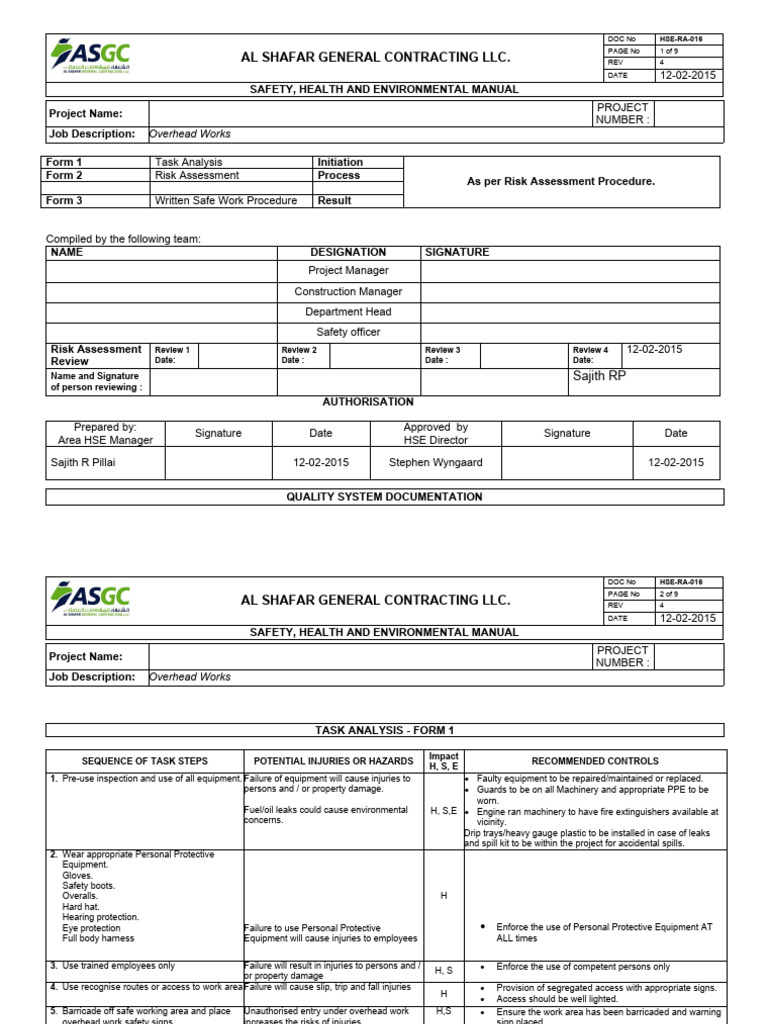HSE-RA-016 Overhead Work - Rev 4 | Download Free PDF | Personal Protective Equipment | Risk