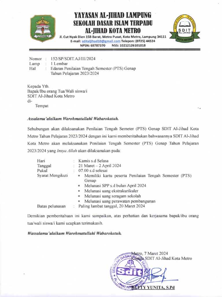 Surat Pemberitahuan PTS Genap 2023-2024 | PDF