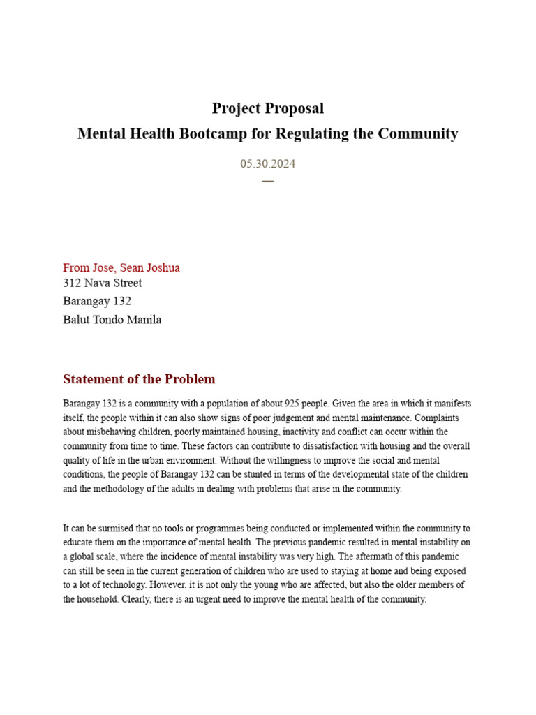 Mental Health Bootcamp Proposal for Barangay 132 | PDF | Mental Health ...