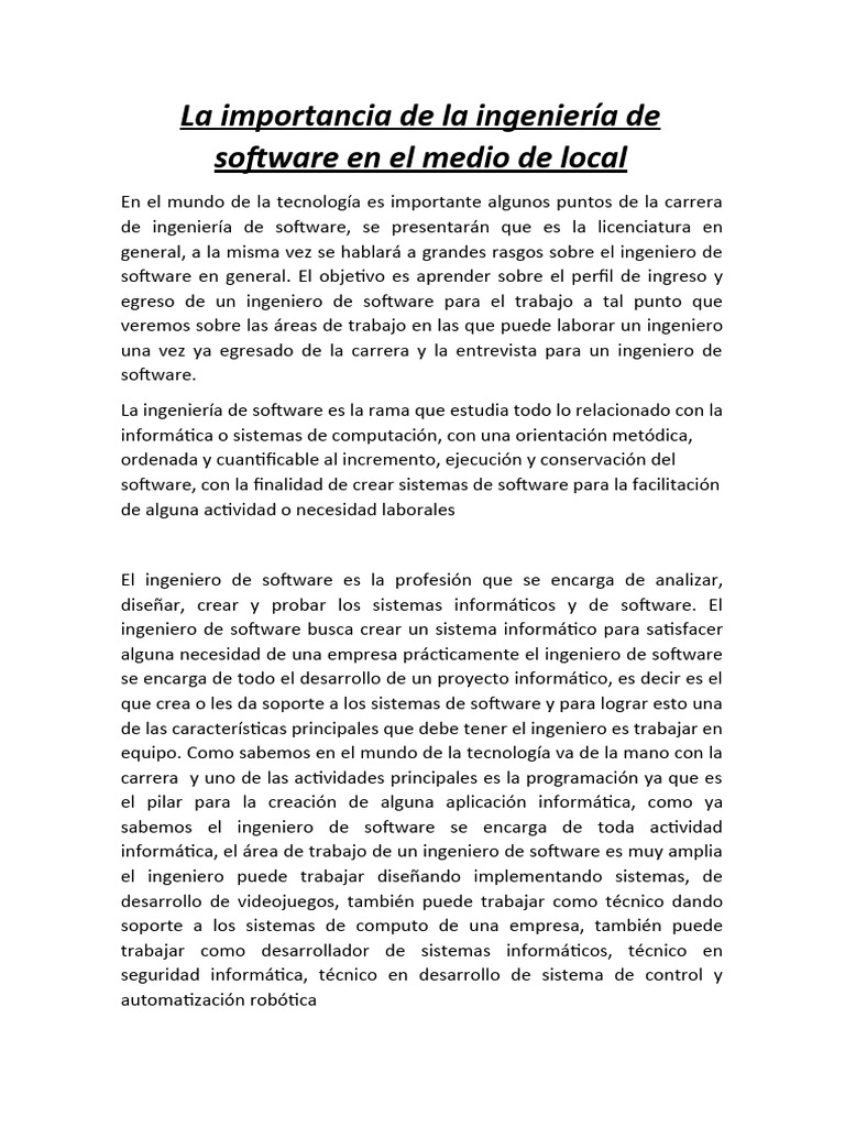 La Importancia de La Ingeniería de Software en El Medio de Local | PDF ...