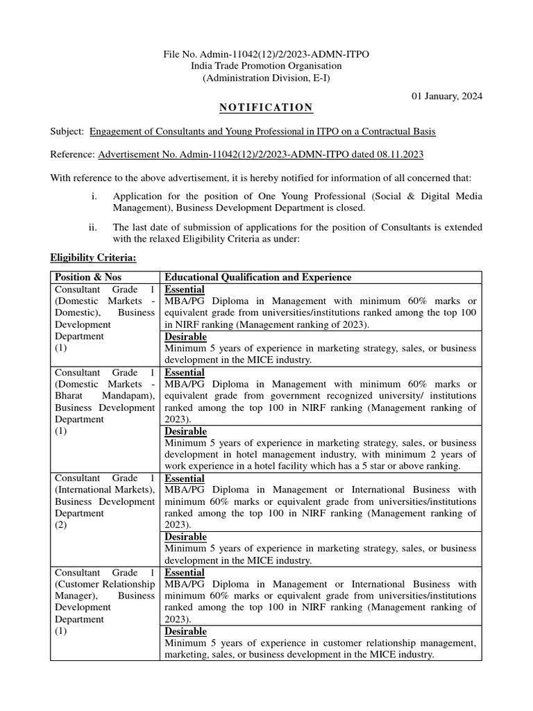 ITPO Consultant Recruitment Notification | PDF | Master Of Business ...