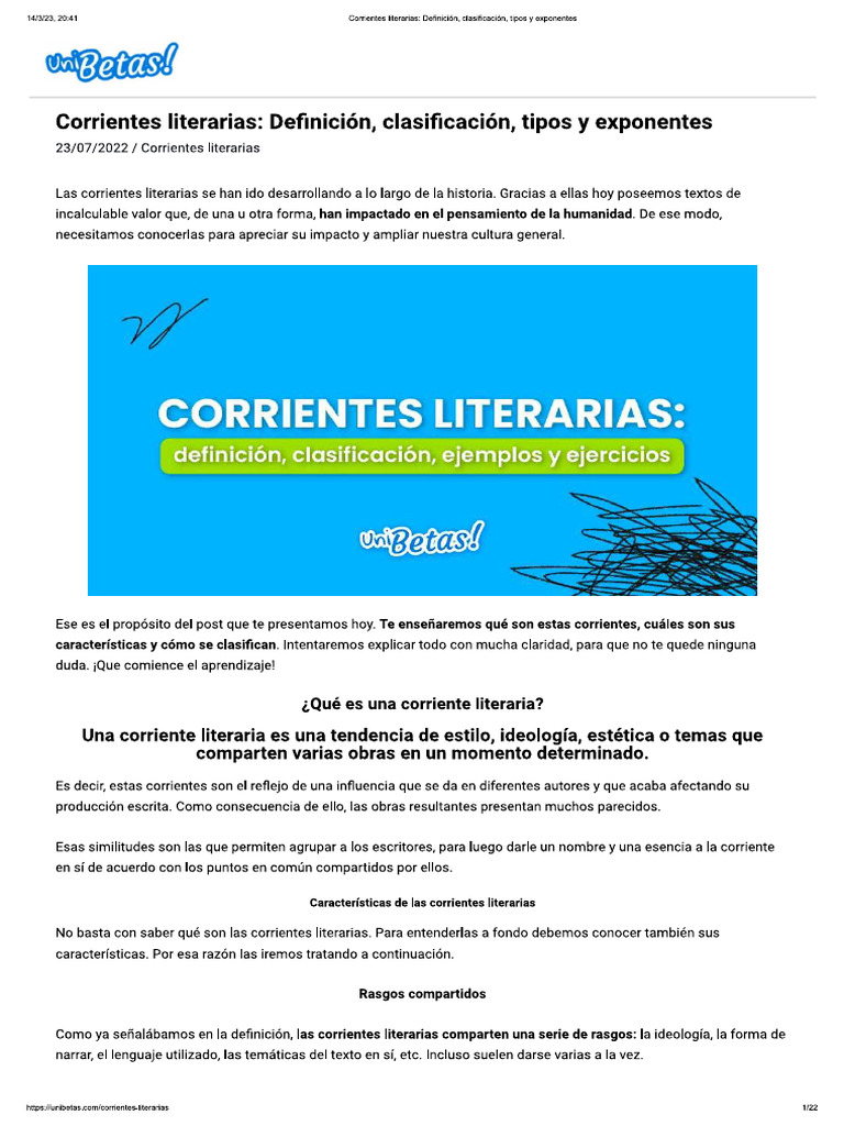 Corrientes Literarias - Definición, Clasificación, Tipos y Exponentes | PDF