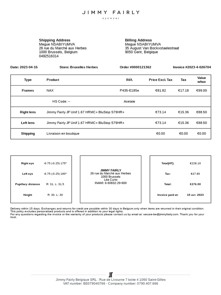 Order Invoice for Jimmy Fairly Belgium | PDF | Money | Trade