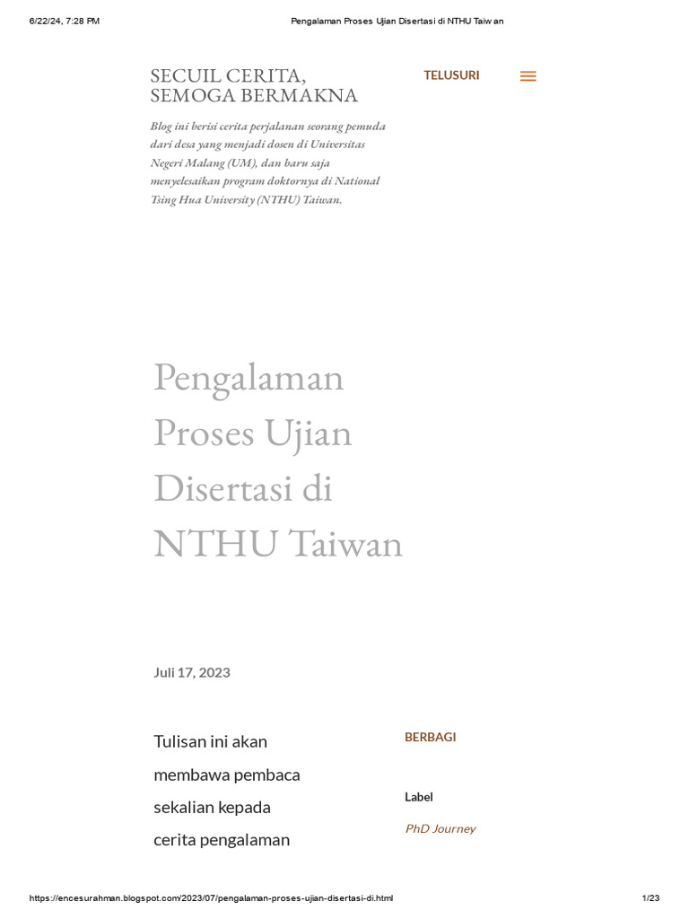 Pengalaman Proses Ujian Disertasi di NTHU Taiwan | PDF