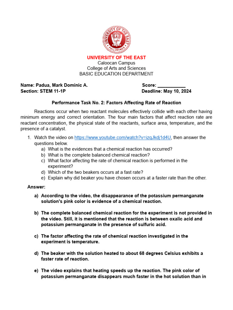 PETA 2 Factors Affecting Rate of Reaction | PDF | Reaction Rate ...