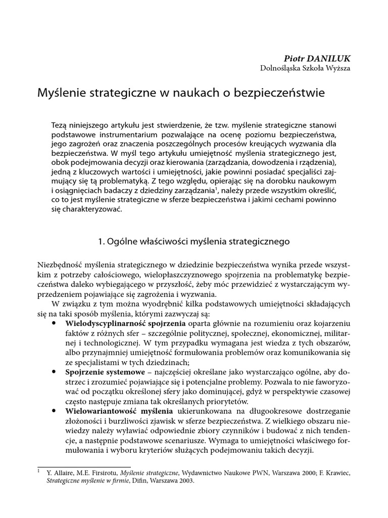Myślenie Strategiczne W Naukach o Bezpieczeństwie | PDF
