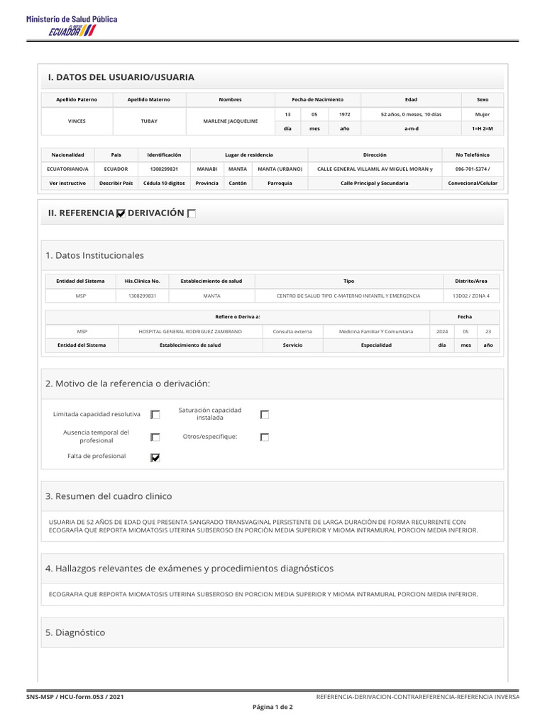 SNS MSP HCU Form 053 2021 | PDF | Medicina Familiar | Especialidades Medicas