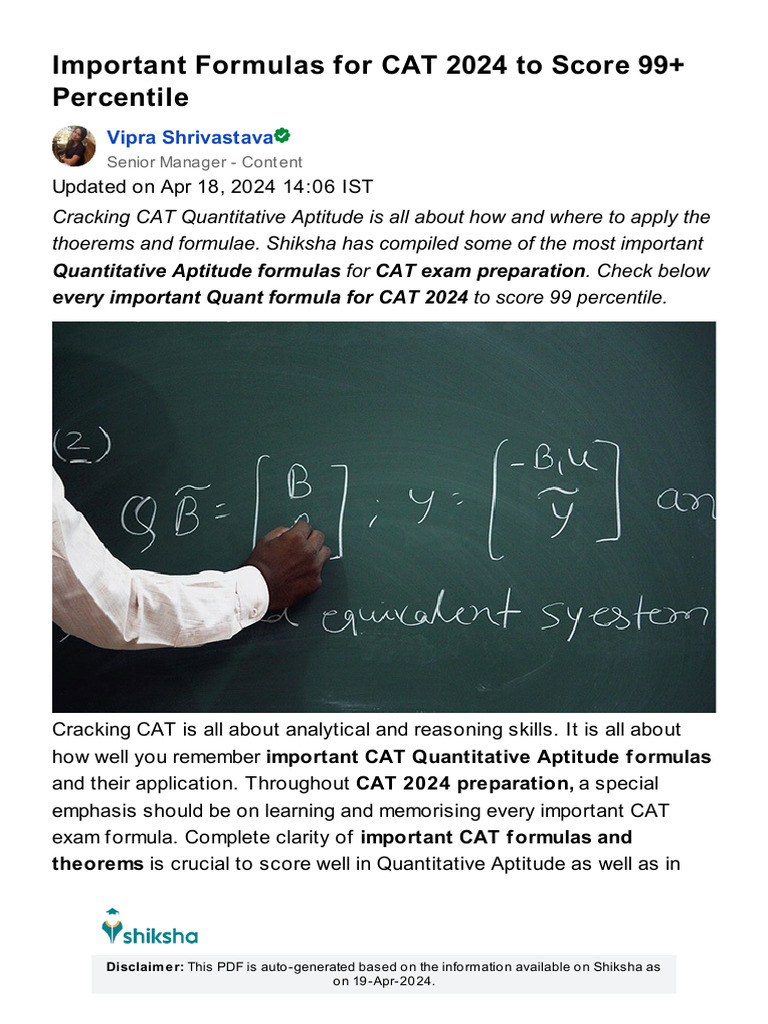 Important Formulas For CAT 2024 To Score 99+ Percentile: Vipra ...
