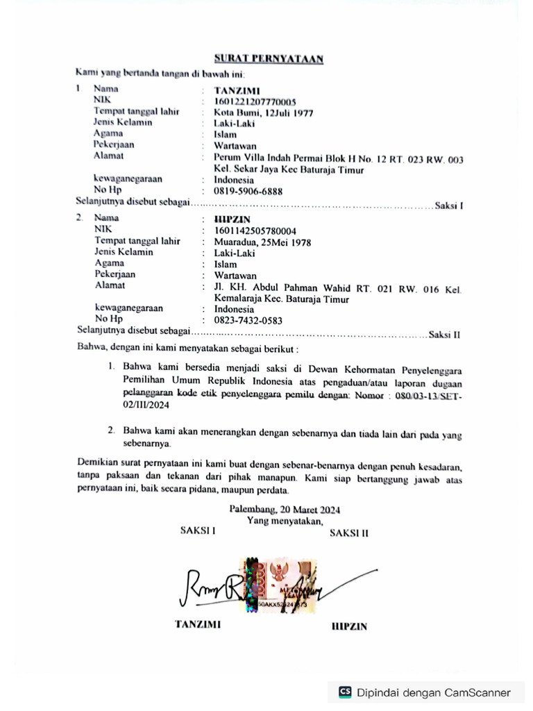 Surat Pernyataan Saksi I Dan II | PDF