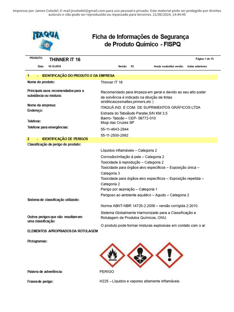 FISPQ IT16 Thinner Itagua | PDF | Dióxido de nitrogênio | Dióxido de ...