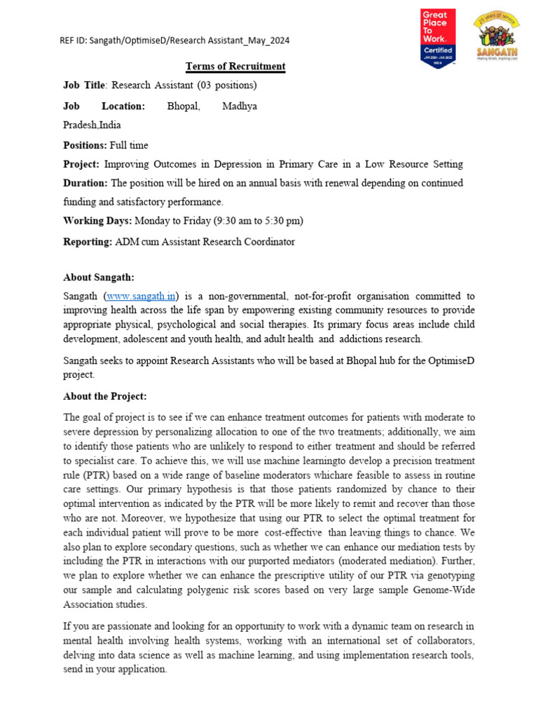 TOR OptimizeD Research-Assistant 22052024 | PDF | Major Depressive ...