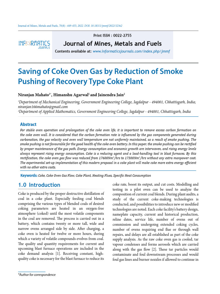 Saving of Coke Oven Gas by Reduction of Smoke Pushing of Recovery Type ...
