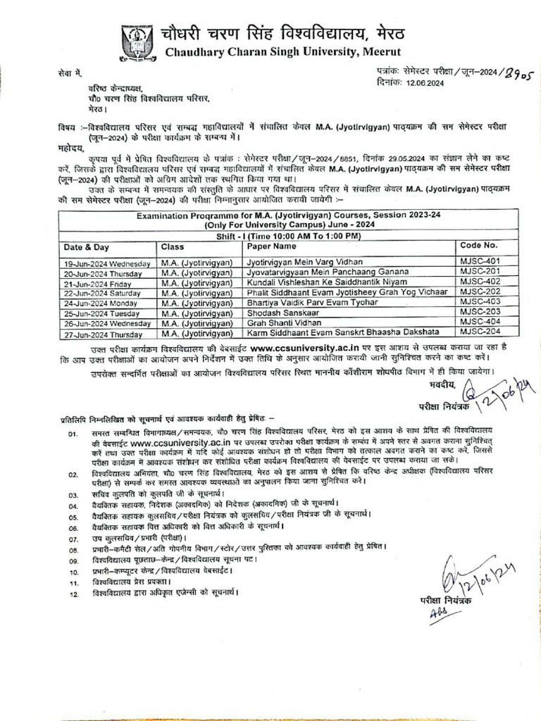 Exam Schedule University Campus M.A. (Jyotirvigyan) Course Even Sem (June-2024) Session 2023-24 ...