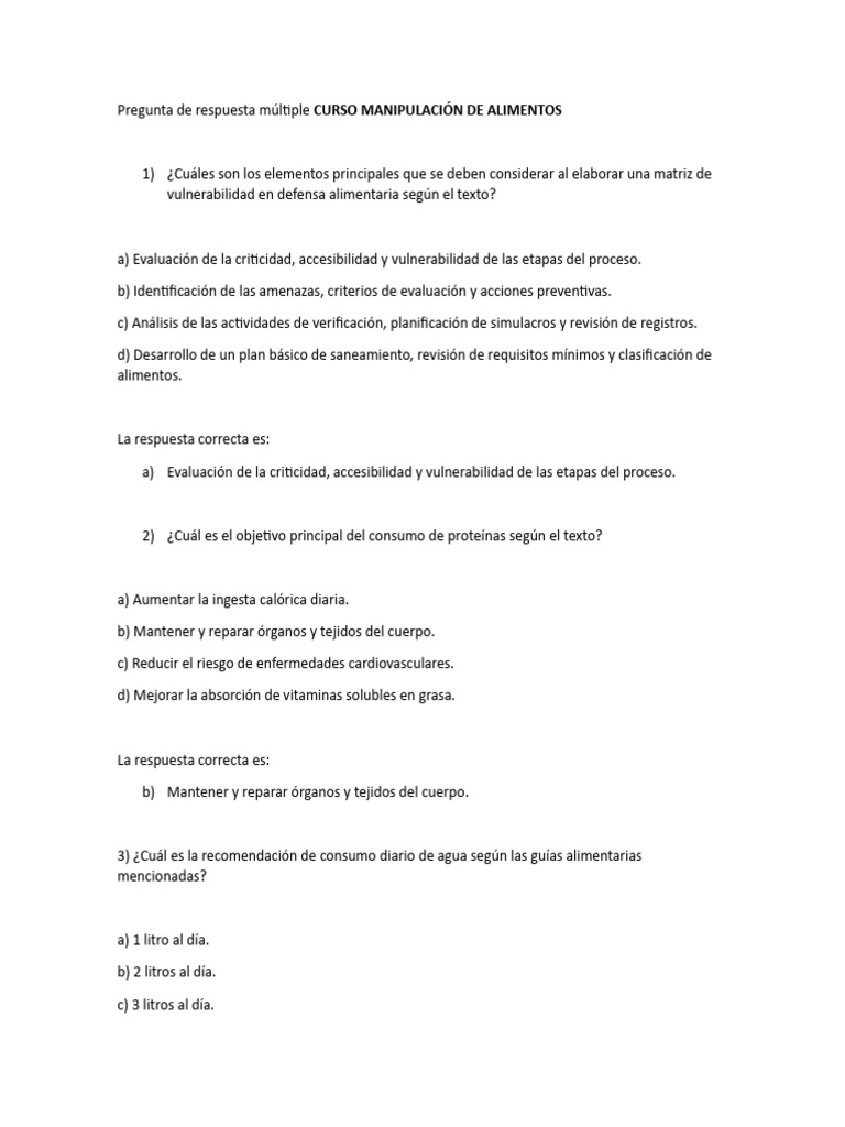 Pregunta de Respuesta Múltiple CURSO MANIPULACIÓN DE ALIMENTOS | PDF | Alimentos | Agua
