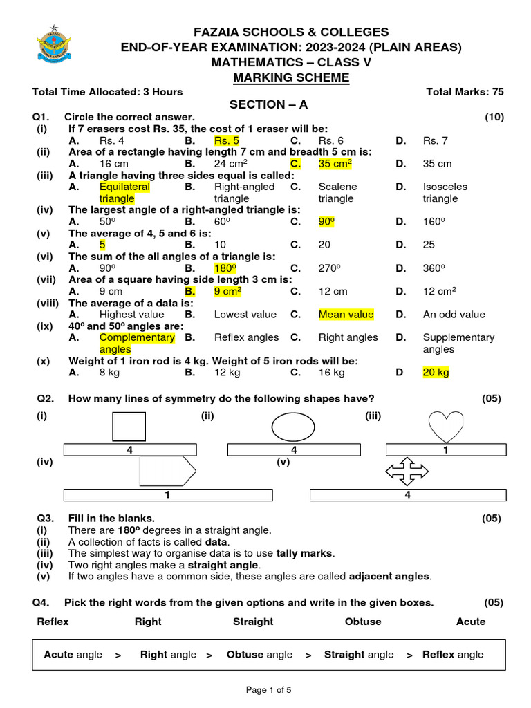 EOY - Maths (23-24) V (PA) - Marking Scheme | PDF | Triangle | Area
