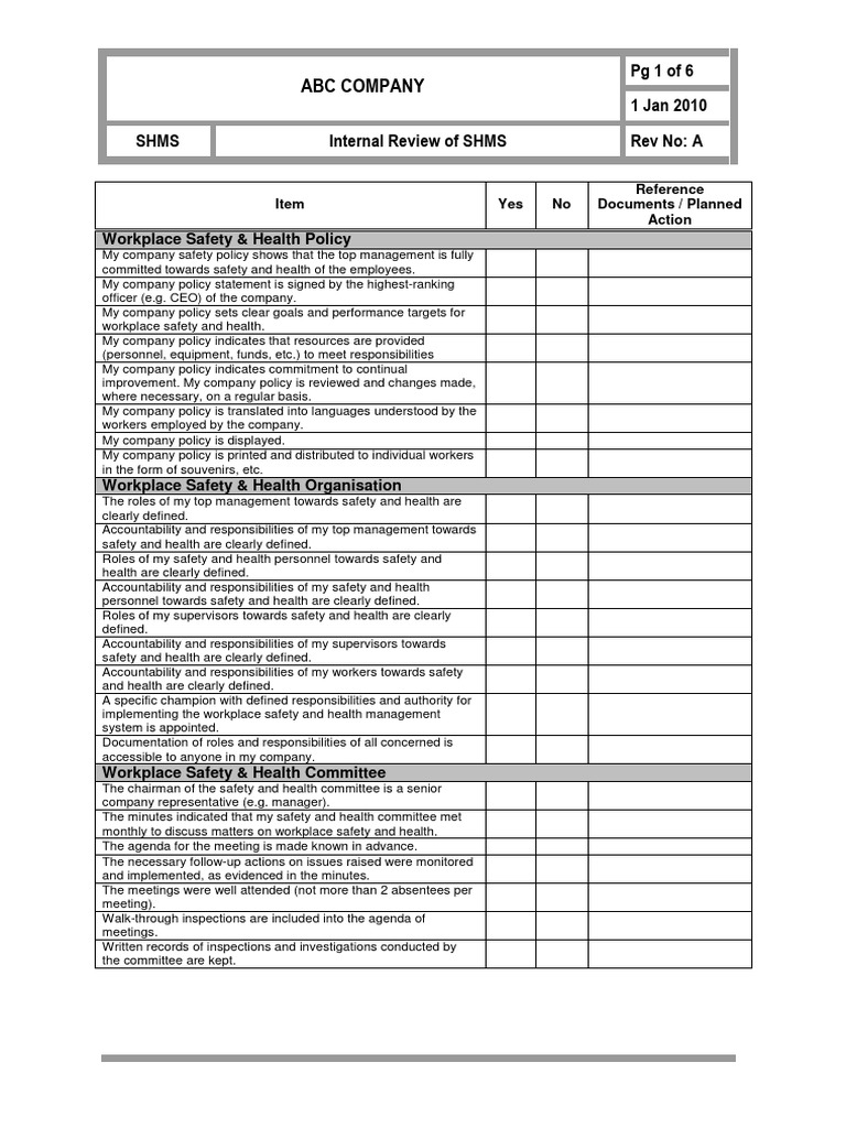 Internal SHMS Review Checklist | PDF | Occupational Safety And Health ...