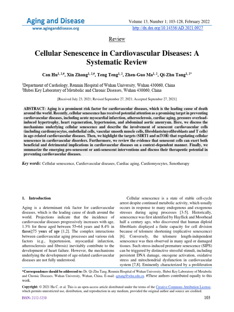 Cellular Senescence in Cardiovascular Diseases - A Systematic Review | PDF | Senescence | Dna Repair