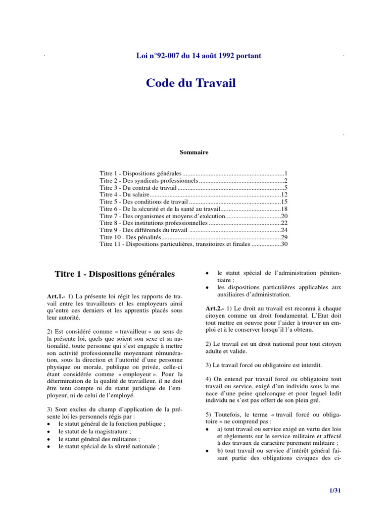 Code Du Travail: Loi N°92-007 Du 14 Août 1992 Portant | PDF | Relations de travail | Droit des ...