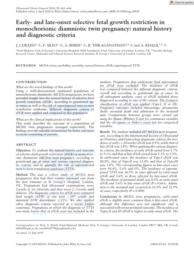UOG- 2019 - Curado - Early‐ and Late‐Onset Selective Fetal Growth Restriction in Monochorionic ...