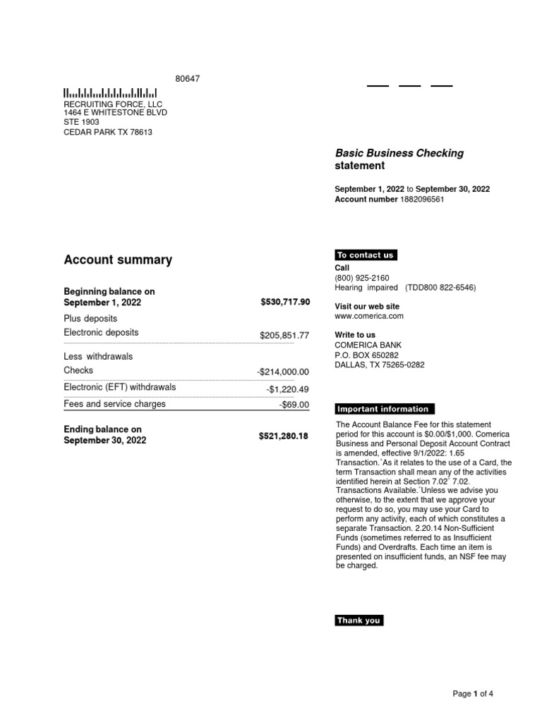 Sep Comerica Statement | PDF | Transaction Account | Overdraft