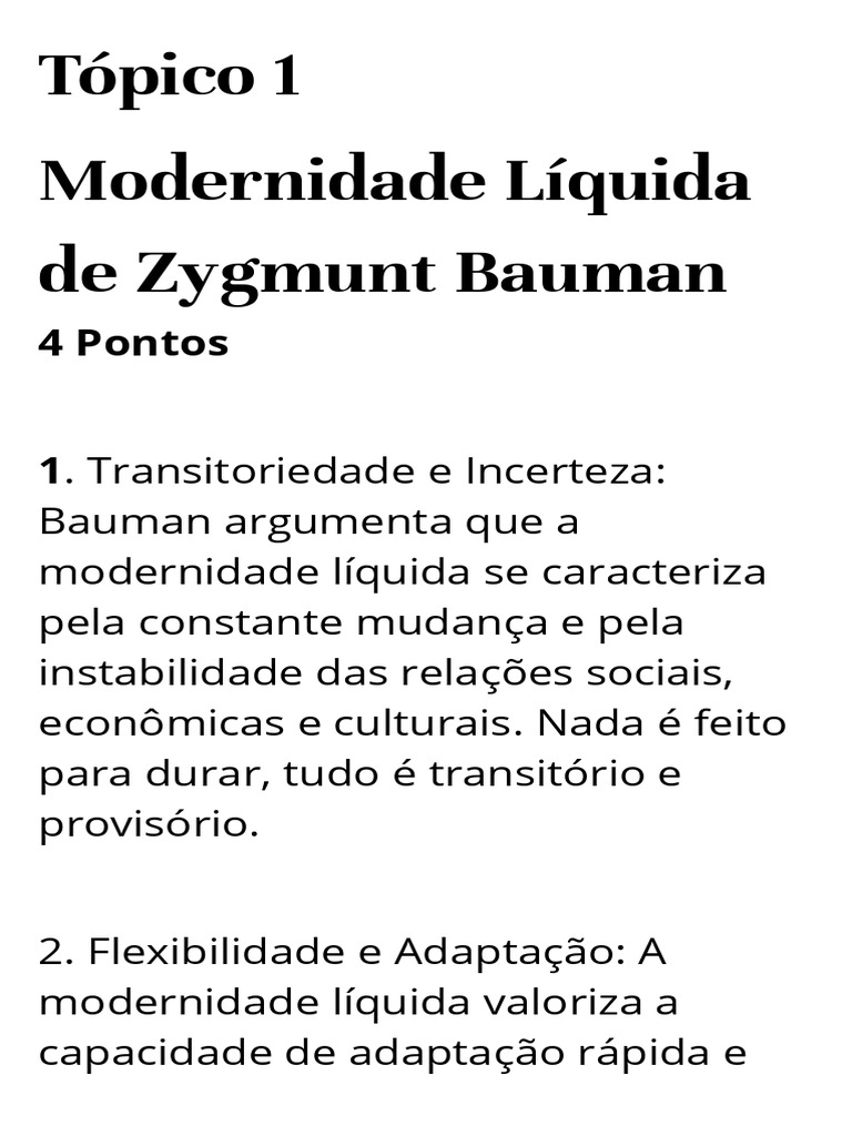 Modernidade Líquida de Zygmunt Bauman 4 Pontos - 20240528 - 204745 - 0000 | PDF | Modernidade ...