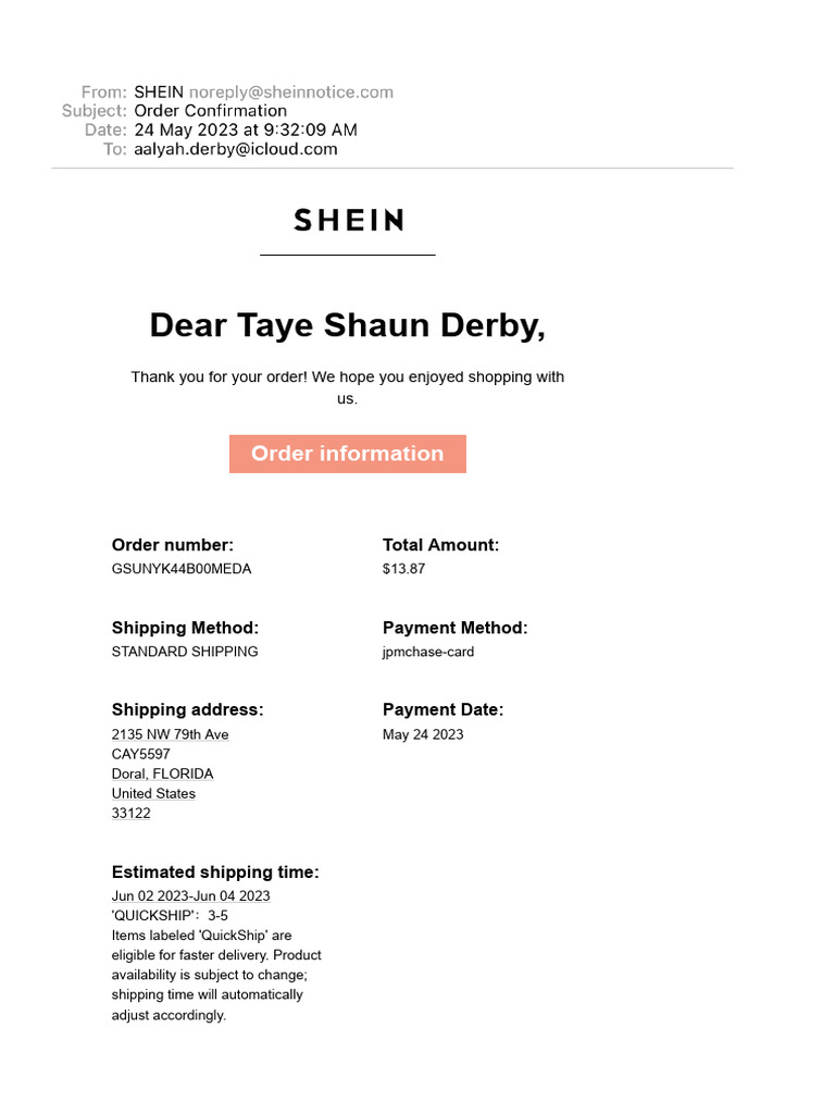 Invoice (Shein Order Confirmation) | PDF | Payments