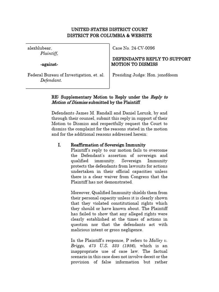 Supplementary Motion (Reply To MTD Rebuttal) Alexblubear v. Federal ...