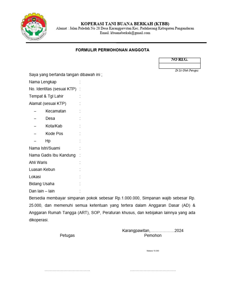 Contoh Formulir Permohonan Anggota | PDF