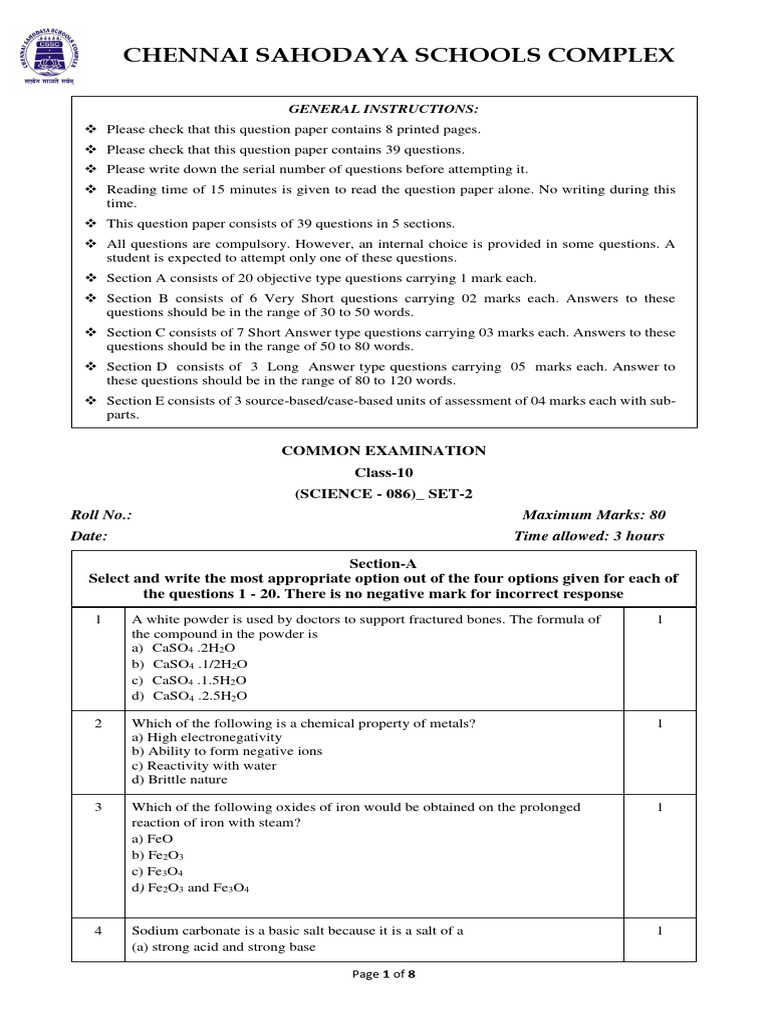 CSSC - QP Science 10 CSSC Set21705552004 | PDF | Materials | Chemistry