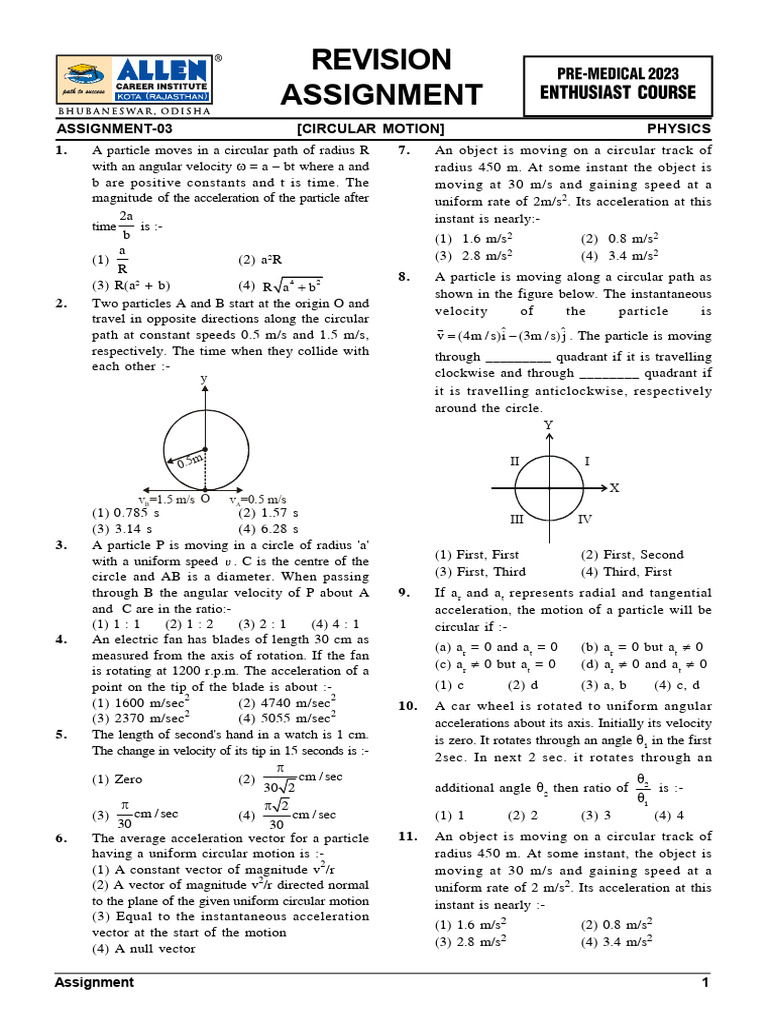 03 Asgmt-Neet Phy-Circular Motion SC | PDF | Acceleration | Rotation Around A Fixed Axis