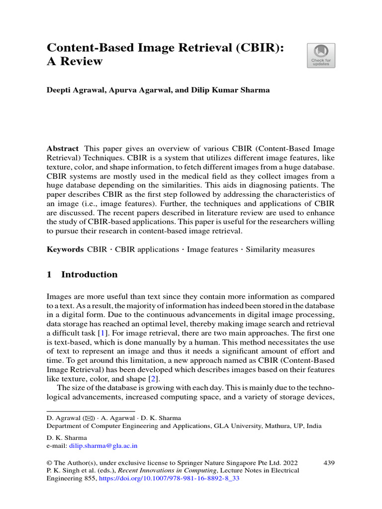 Content-Based Image Retrieval (CBIR) : A Review: Deepti Agrawal, Apurva Agarwal, and Dilip Kumar ...