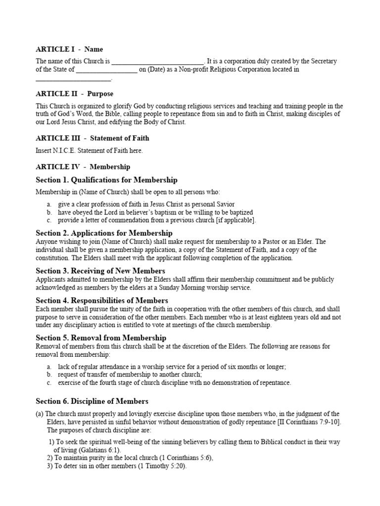 Church Constitution Template Sample | PDF | Elder (Christianity) | Pastor