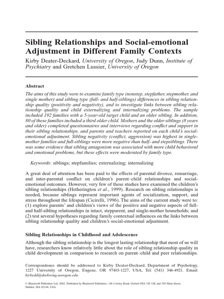 Sibling Relationships and Social-Emotional Adjustment | PDF | Analysis ...