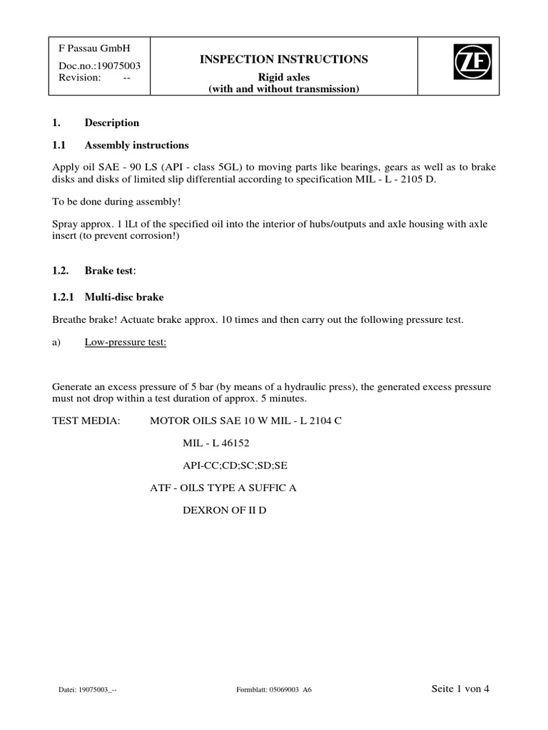 Inspection Instructions: Rigid Axles (With and Without Transmission ...