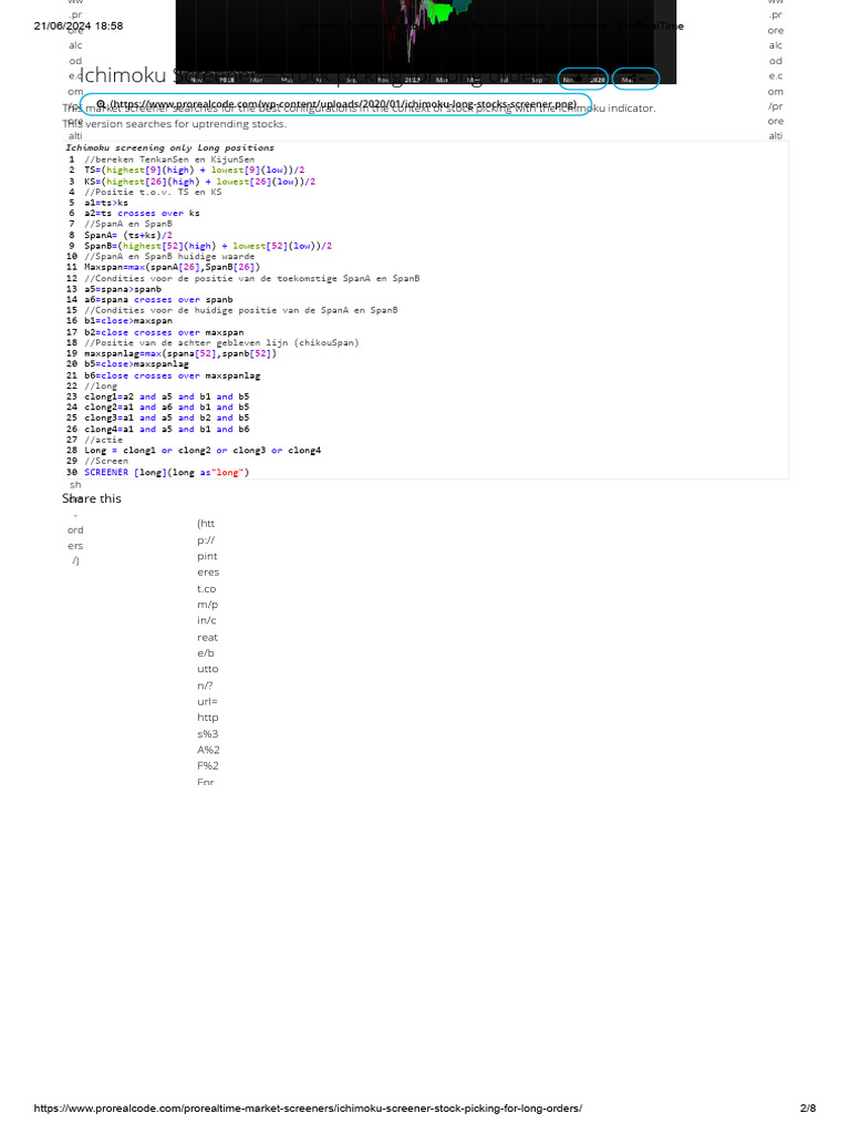 Ichimoku Screener - stock picking for long orders - Screeners - ProRealTime | PDF
