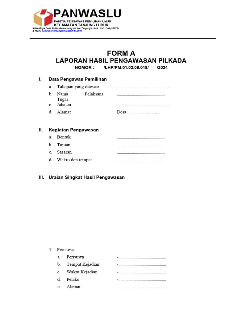 Form A Pengawasan Pilkada 2024 | PDF Form A Pengawasan Pilkada 2024 | PDF