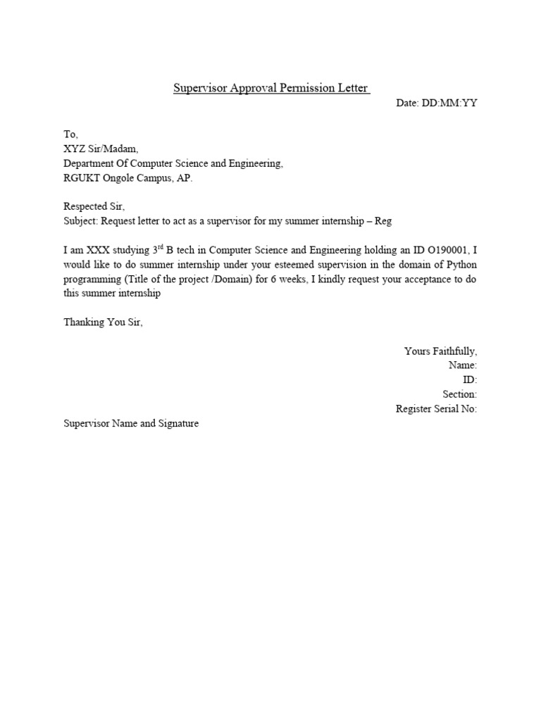 Unde Supervisor Intern Letter Formet | PDF