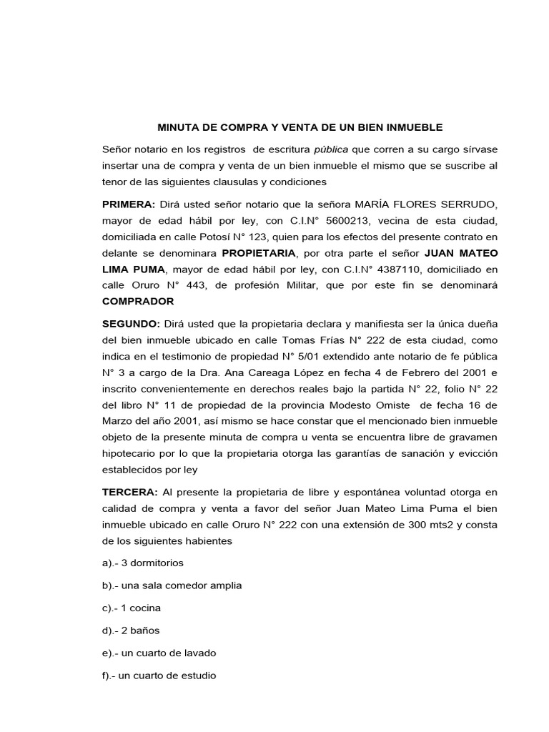 Minuta de Compra y Venta de Un Bien Inmueble | PDF