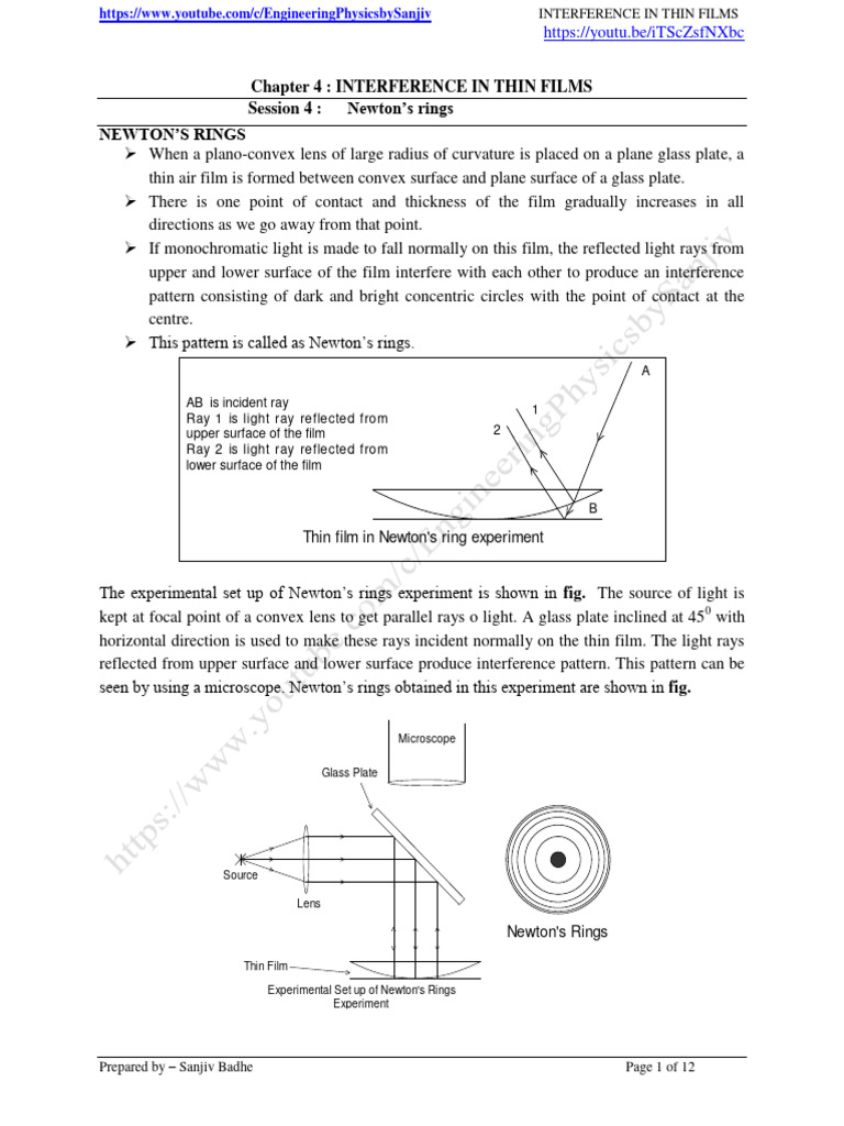 Interefenrece in Thin Films Session 4 (Newton - S Rings) | PDF | Waves | Optics