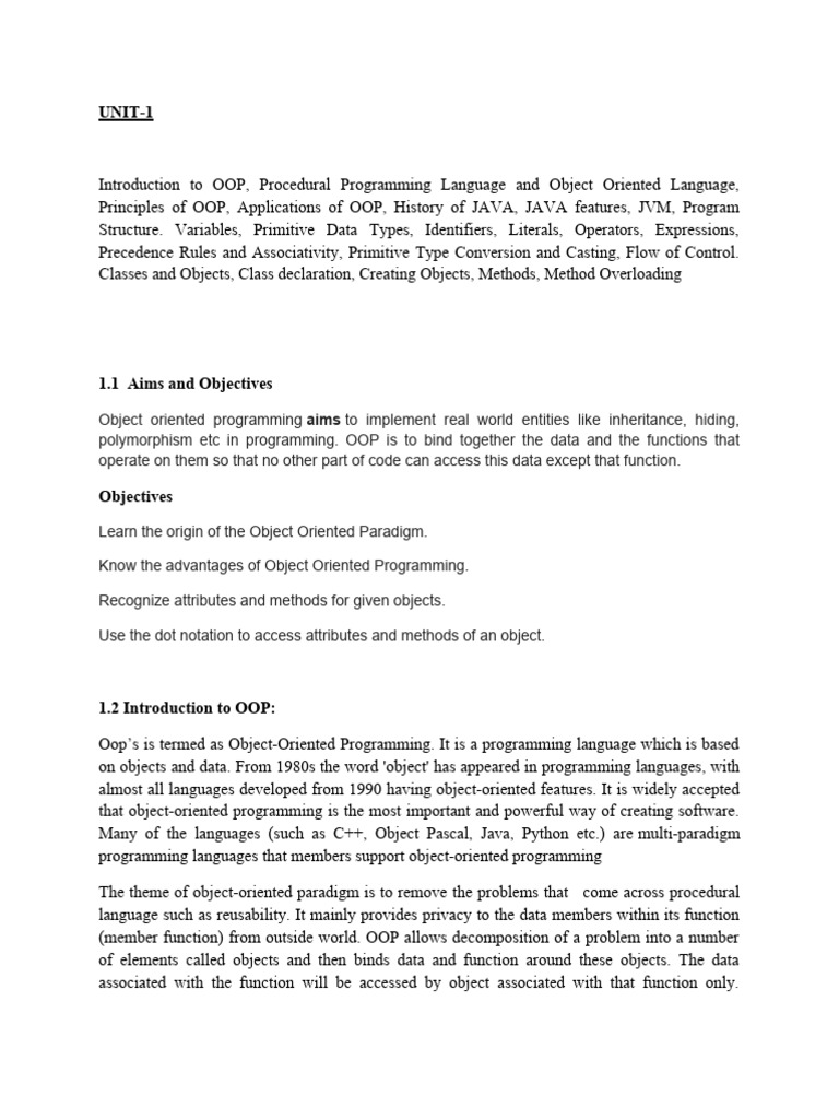 Unit 1 Pdf Object Oriented Programming Java Programming Language