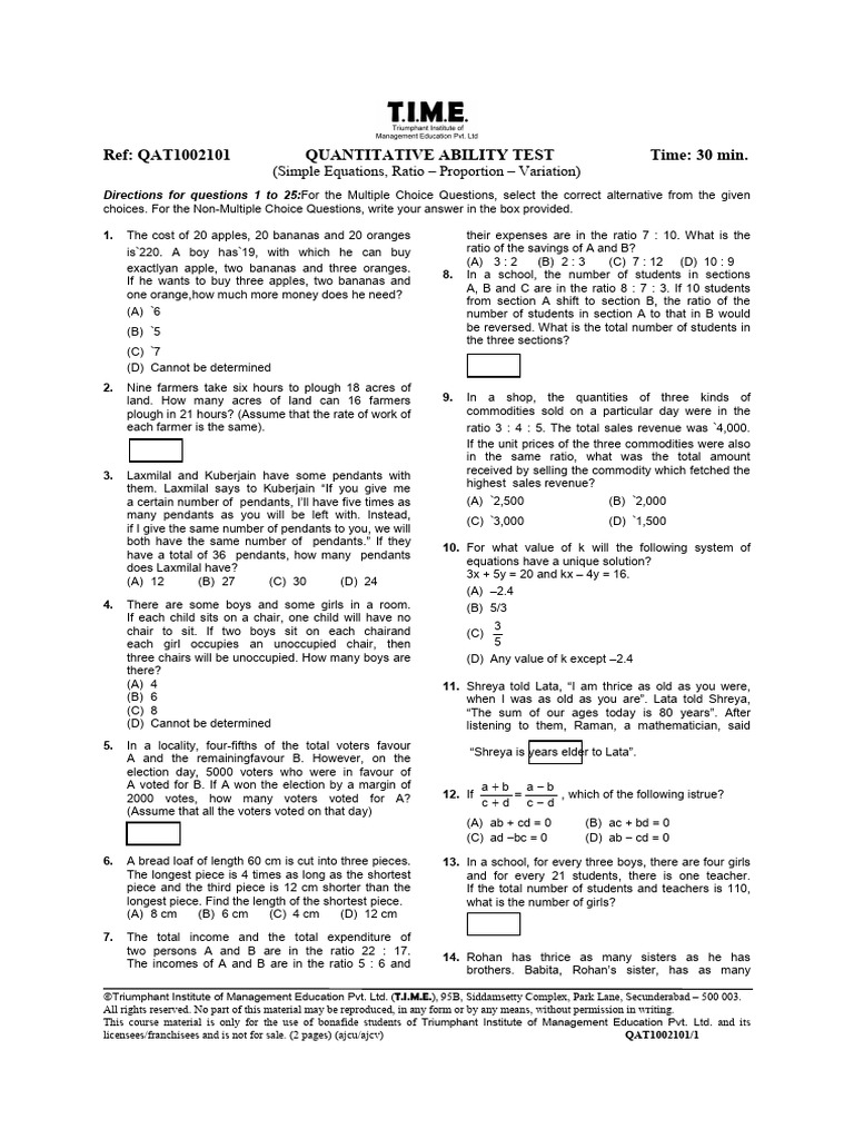 Simple Equations, Ratio - Proportion - Variation | PDF | Ratio