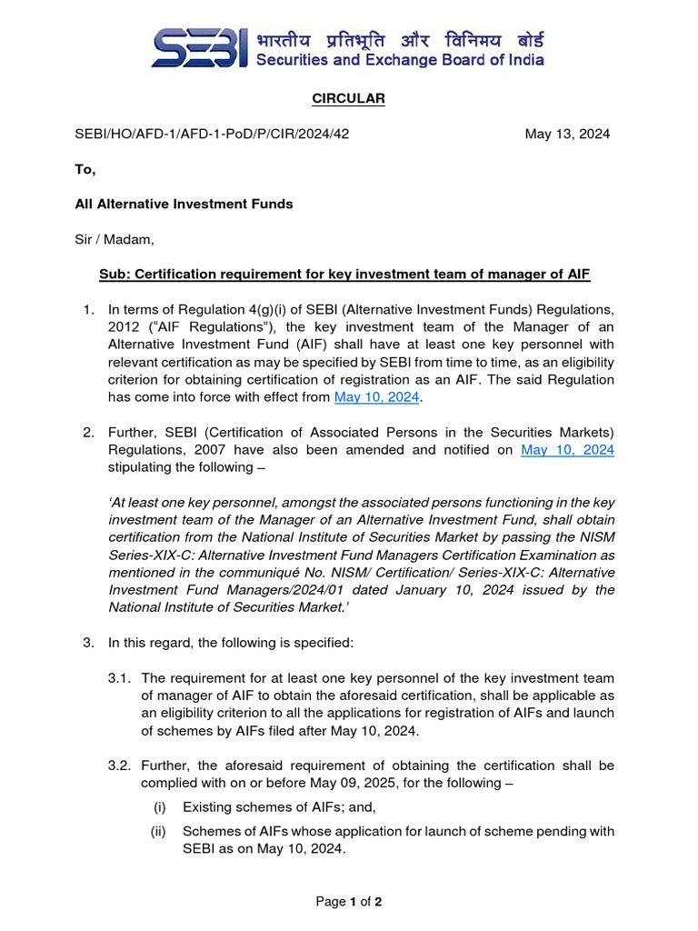 SEBI Circular Dated May 13 2024 | PDF | Securities (Finance ... SEBI Circular Dated May 13 2024 | PDF | Securities (Finance ...
