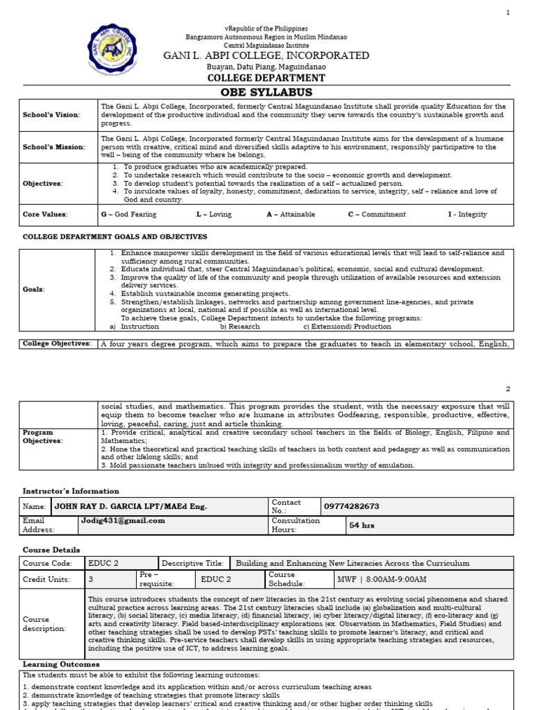 EDUC 2 OBE SYLLABUS (Building and Enhancing New Literacies Across The Curriculum | PDF ...