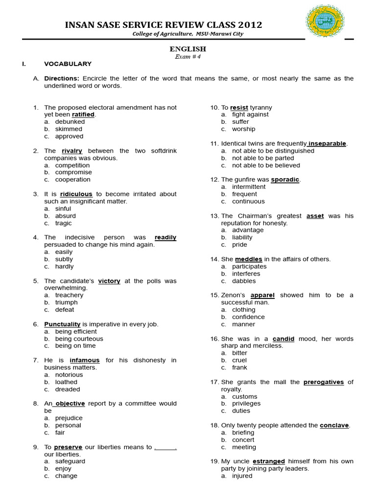 (MSU SASE) 4th English Exam | PDF
