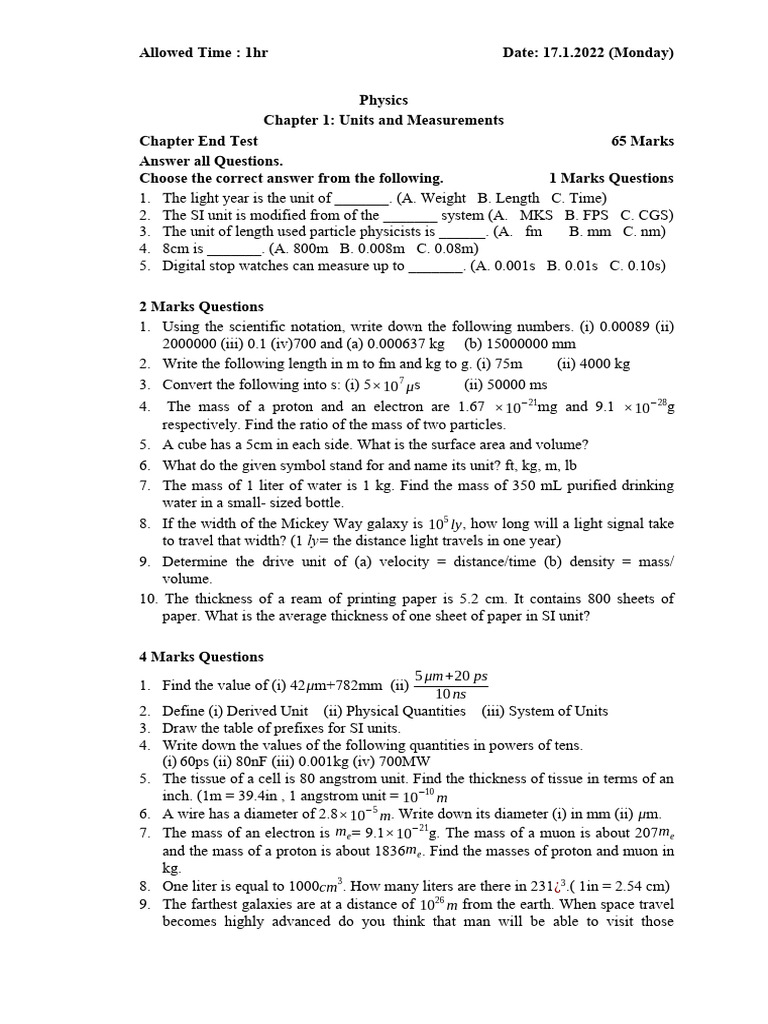 Physics Units and Measurements Test | PDF | Mass | Litre
