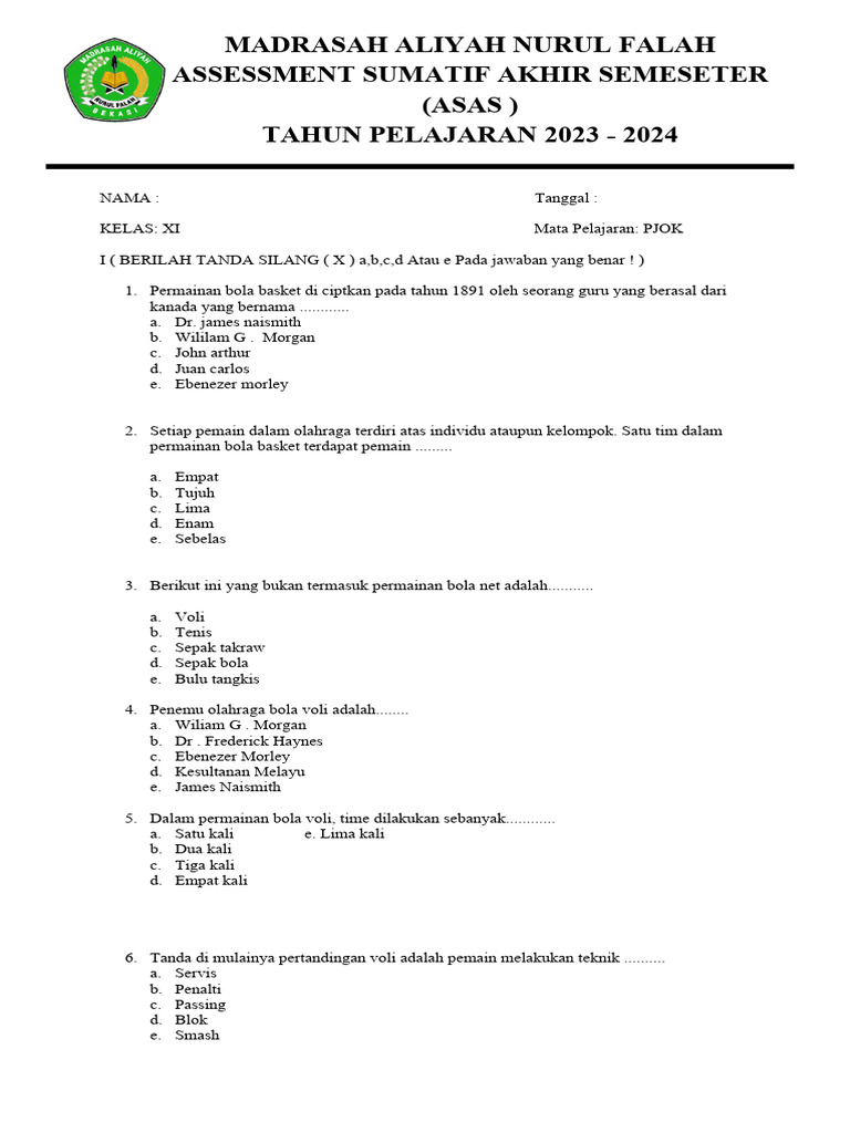 Soal Ulangan Pjok Kelas Xi | PDF
