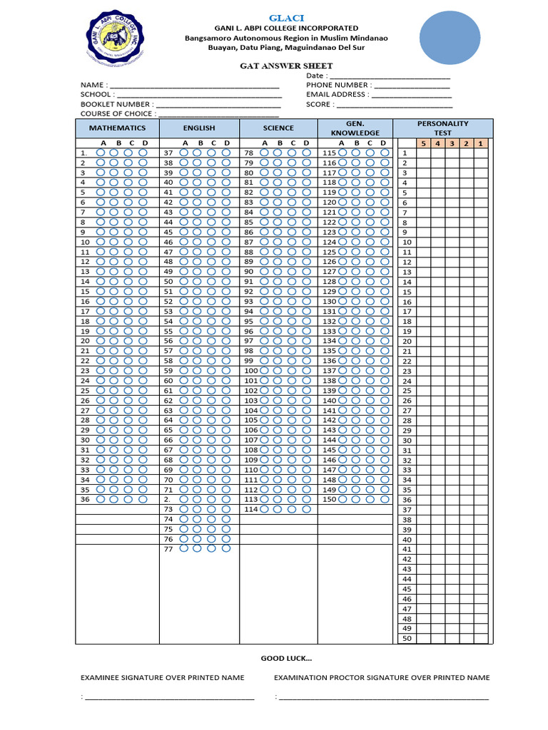GAT Answer Sheet | PDF